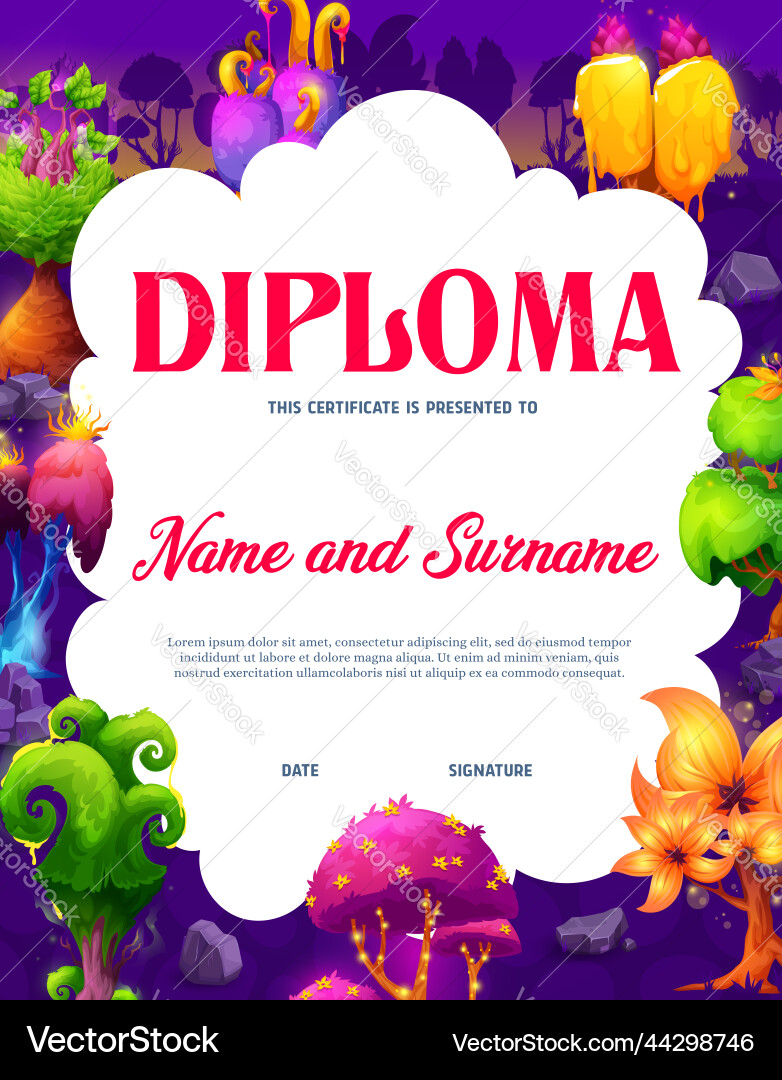 Kids diploma fantasy forest magic alien trees Vector Image