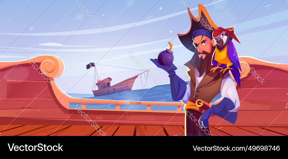 Pirate with eye patch parrot and bomb on ship Vector Image