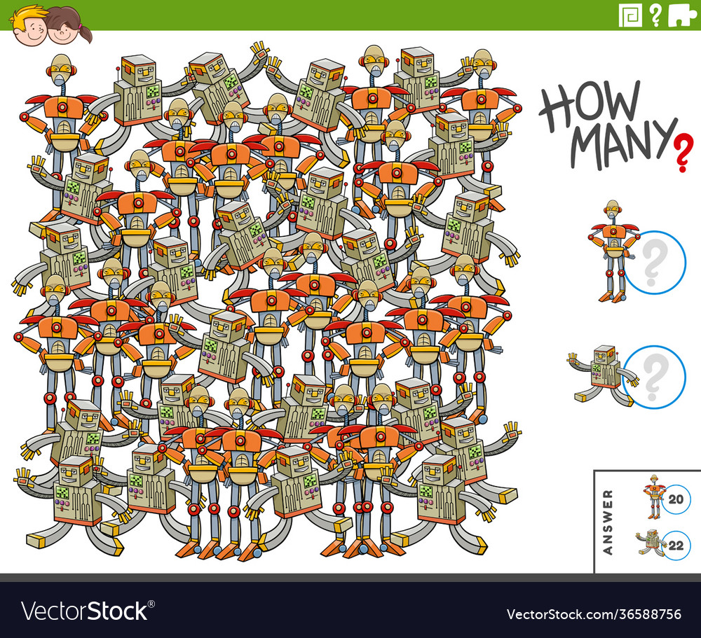 Counting cartoon robots educational task for kids Vector Image