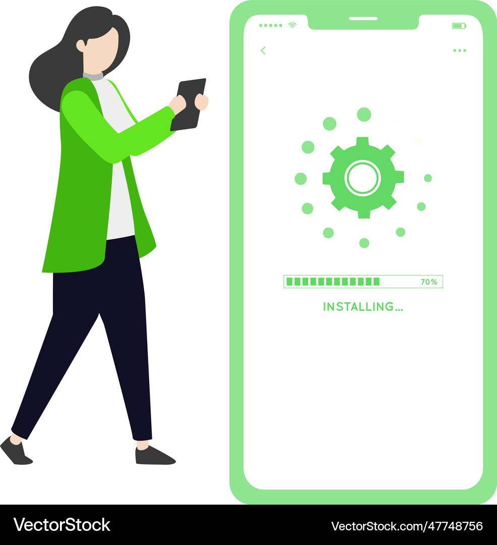 Girl installing new system in phone Royalty Free Vector