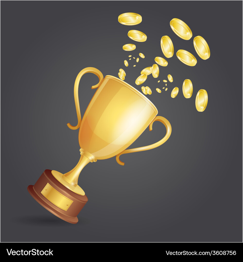 Golden winner cup and coins on dark Royalty Free Vector