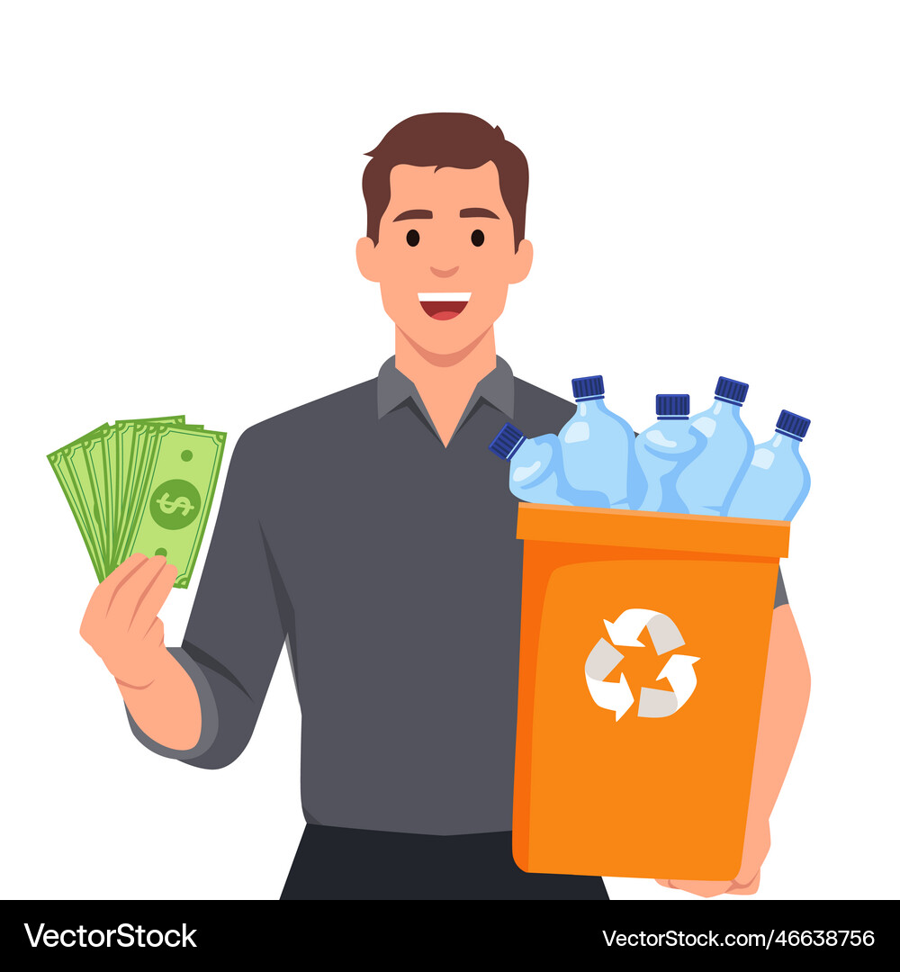 Man holding recycling garbage can and holding Vector Image