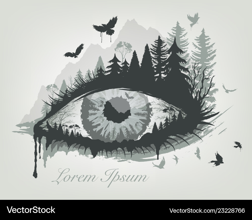 Eye and forest with flying birds trees Royalty Free Vector
