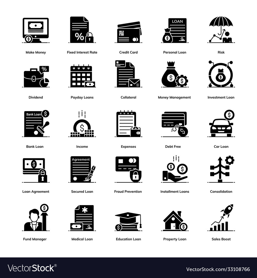 Personal loans solid icons pack Royalty Free Vector Image