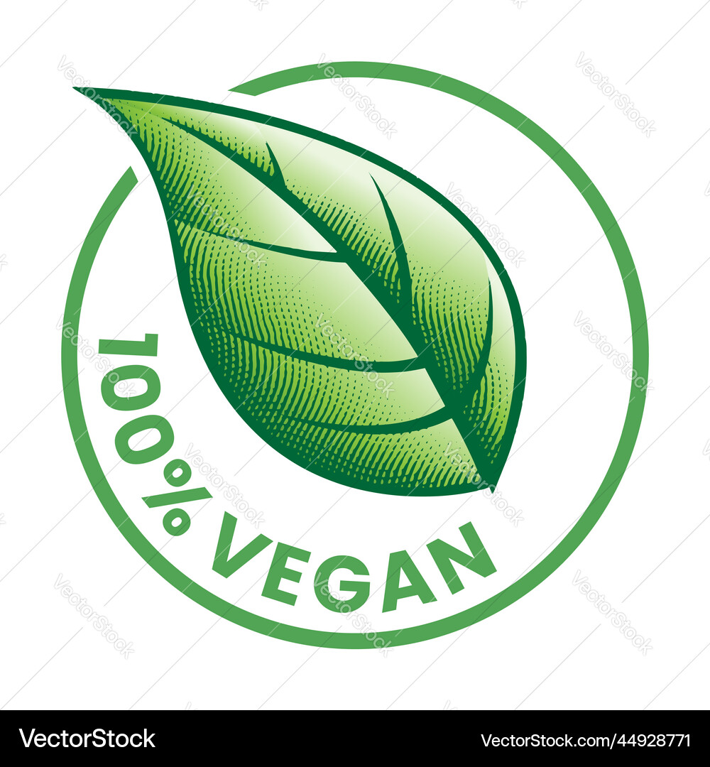 100 vegan engraved round icon with a green leaf Vector Image