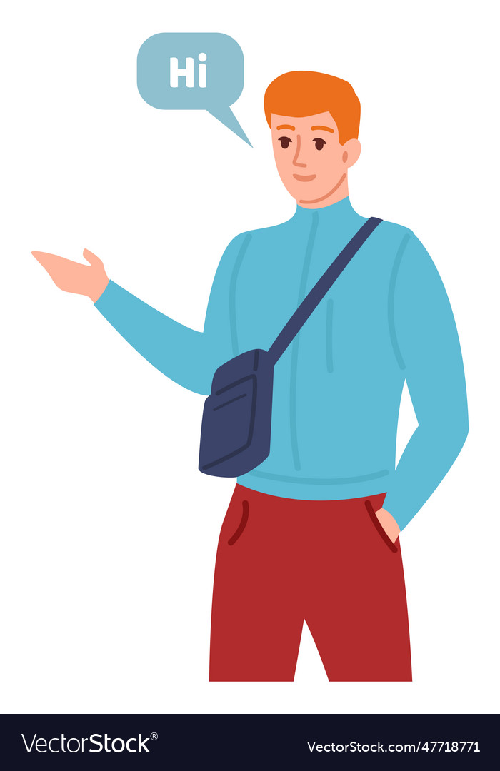 Young man says hi with raised hand greeting Vector Image Young man says hi with raised hand greeting Vector Image