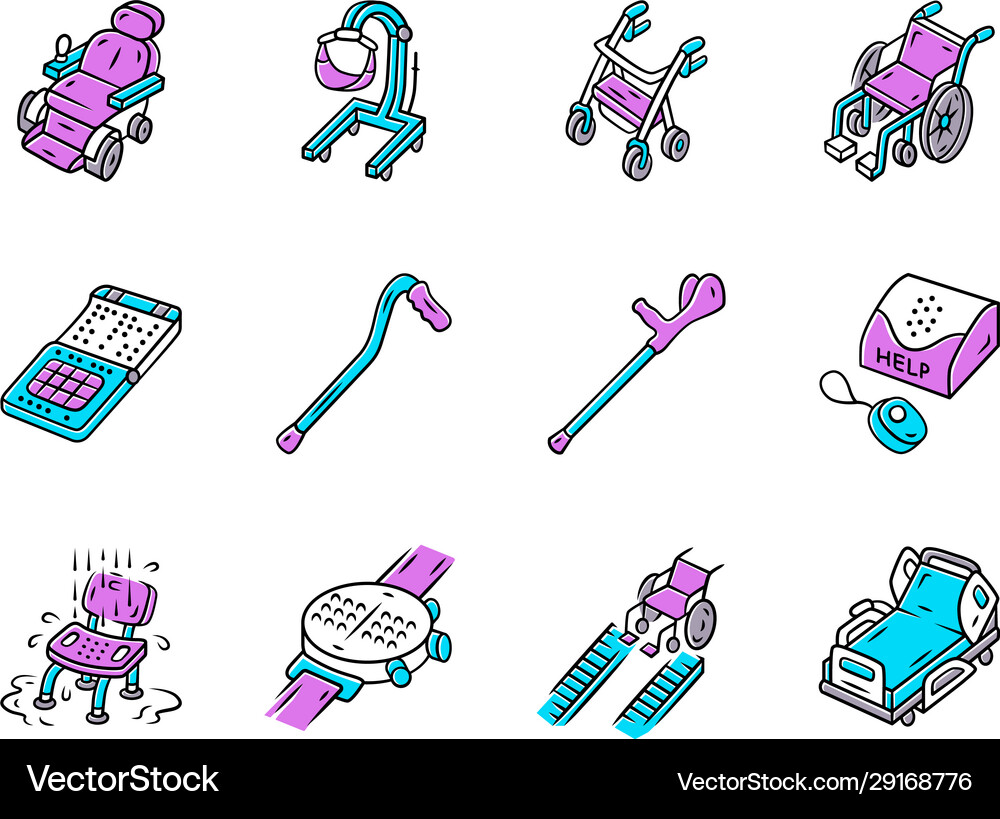 Disabled devices color icons set mobility aid Vector Image