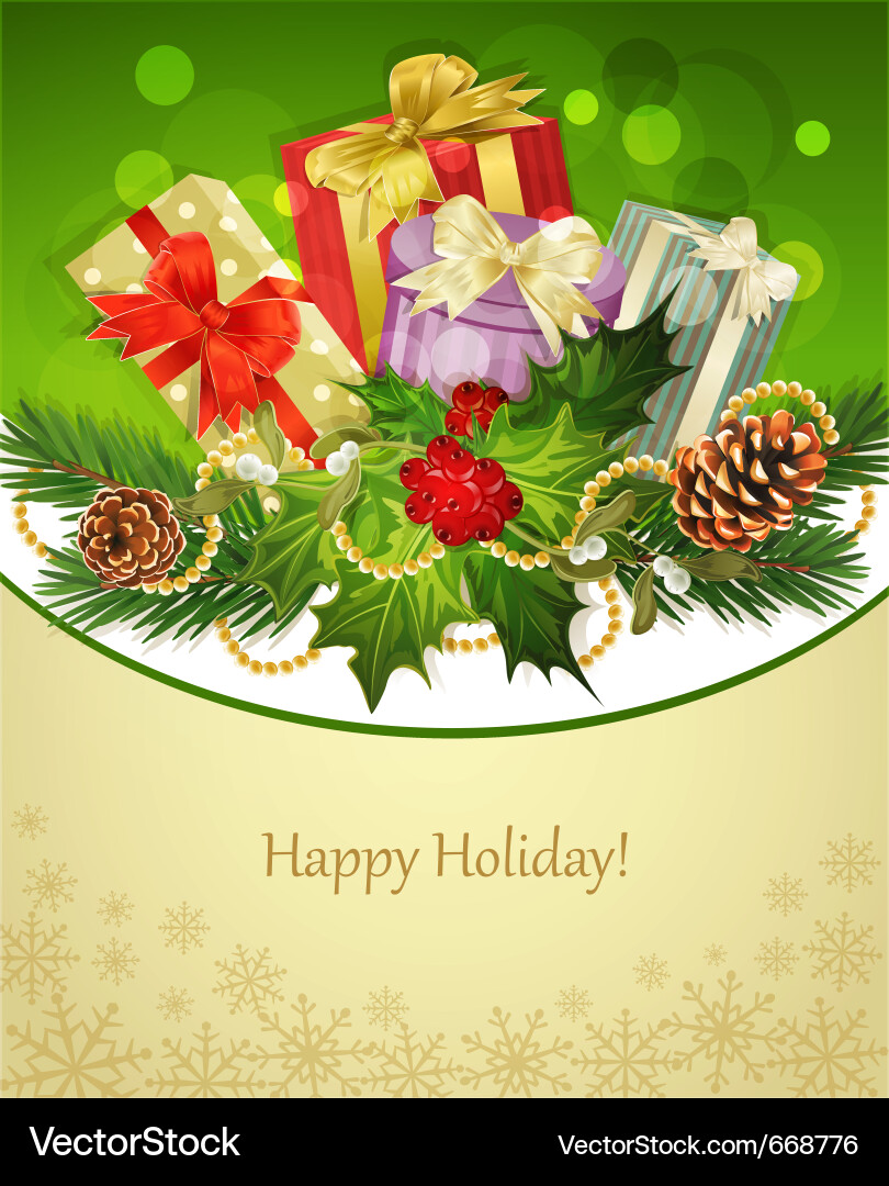 Holiday background tree pine conesgifts holly Vector Image