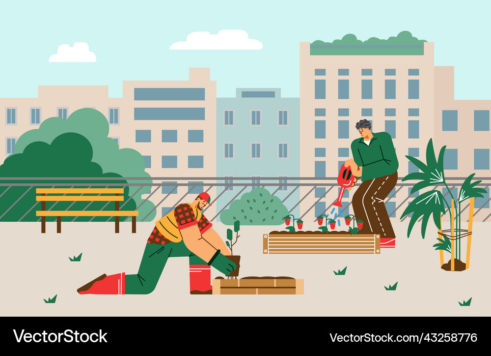 People working together in community garden Vector Image
