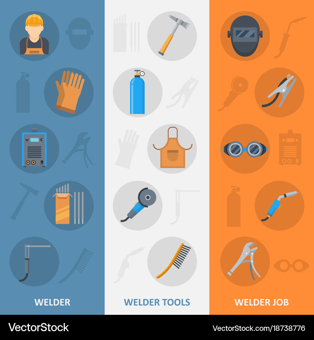 Welder banner with flat icons set Royalty Free Vector Image