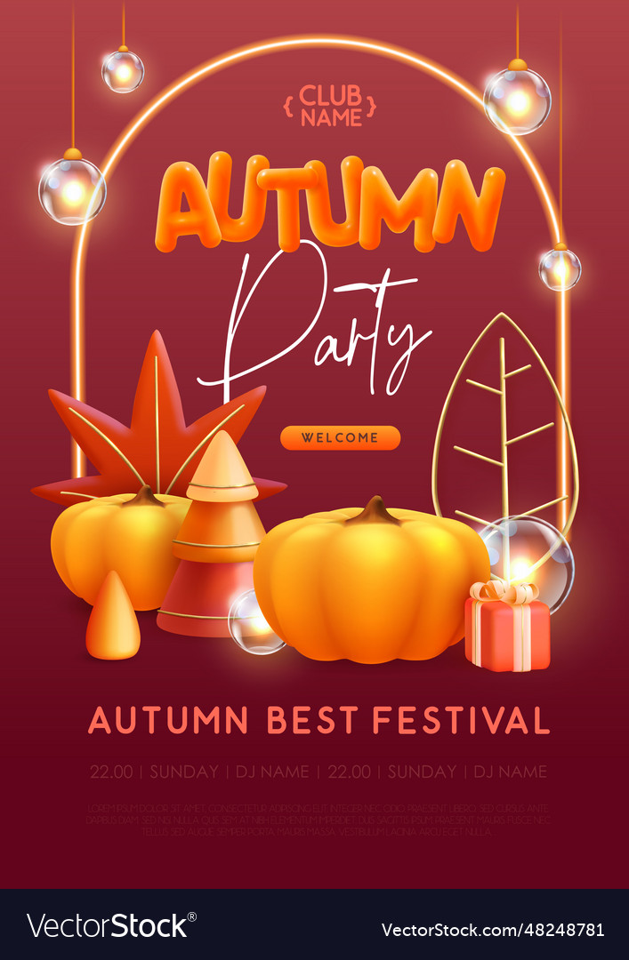 Autumn seasonal party poster with 3d pumpkin Vector Image