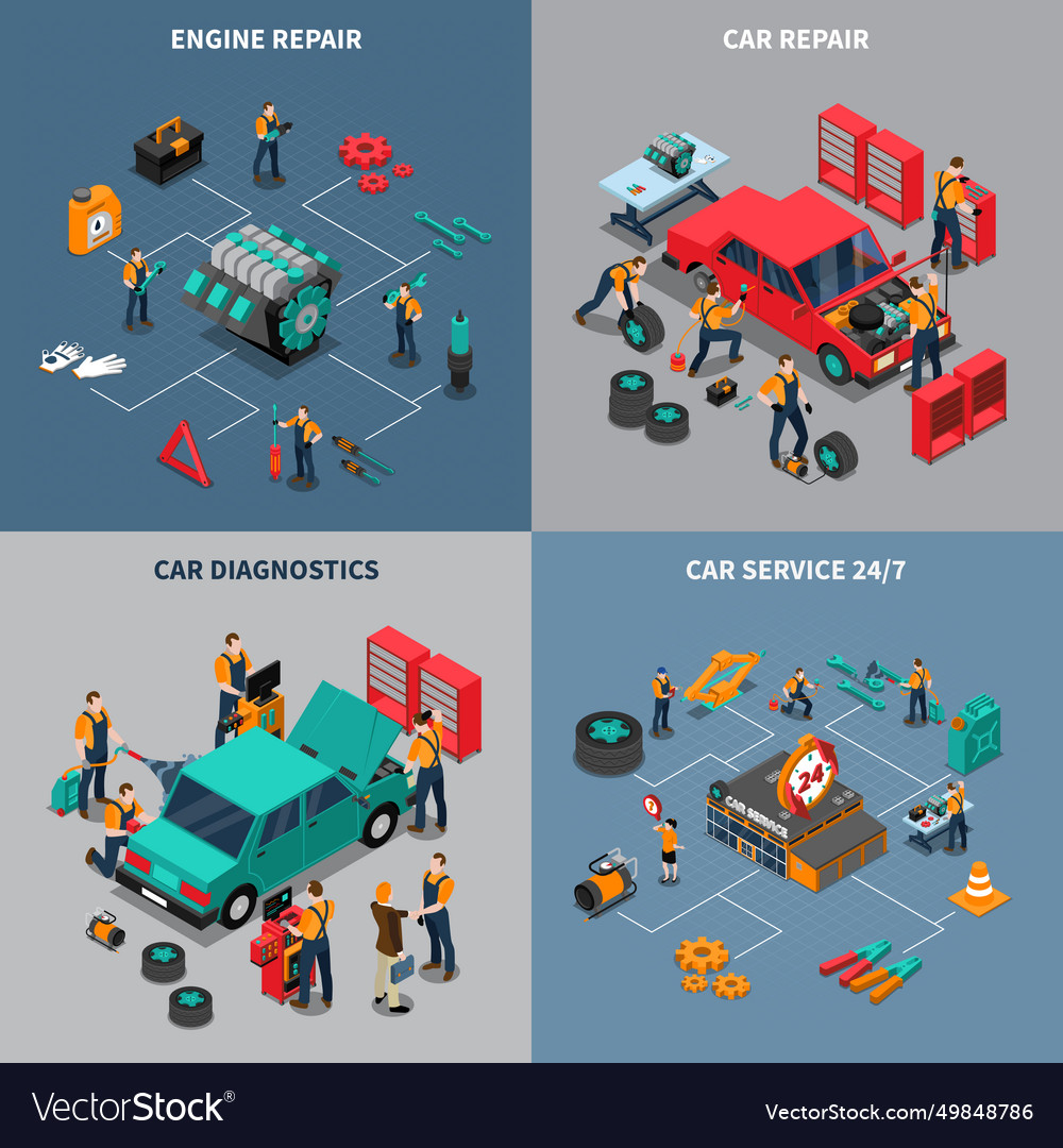 Car service 4 isometric icons square Royalty Free Vector Car service 4 isometric icons square Royalty Free Vector