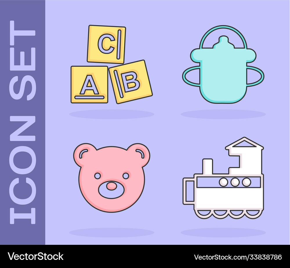 Set toy train abc blocks teddy bear plush toy Vector Image