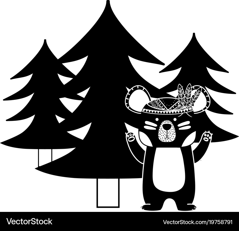 Silhouette ethnic bear animal with pine trees Vector Image