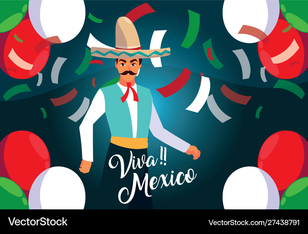 Viva mexico label with man mexican typical Vector Image