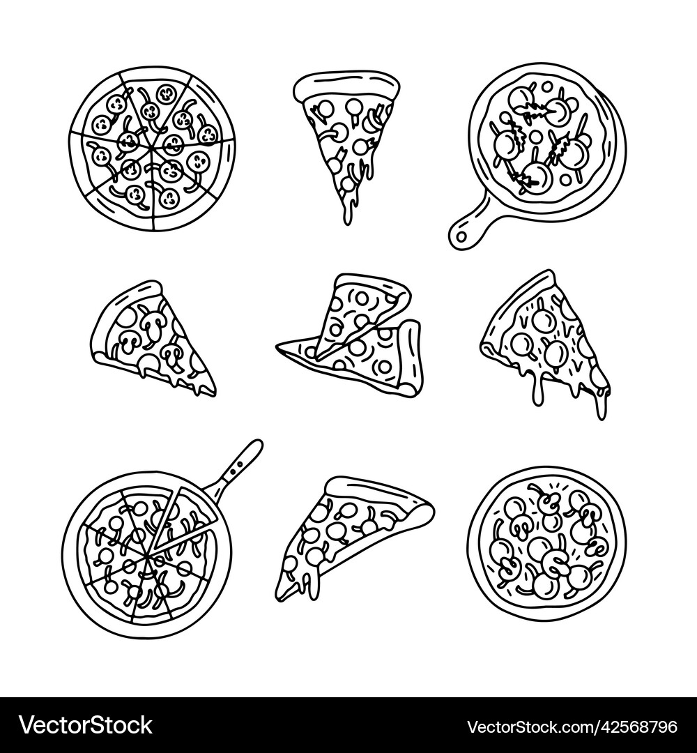 Outline drawing pizza slices whole Royalty Free Vector Image