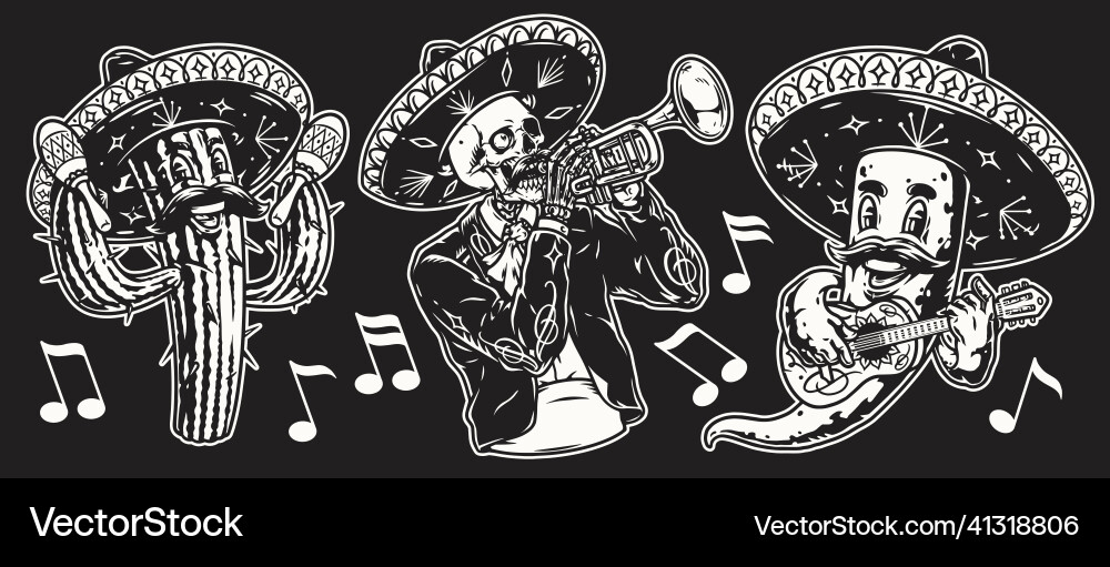 Monochrome elements of mariachi musicians Vector Image