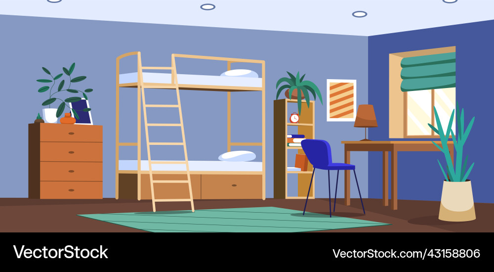 Student bedroom in dormitory with bunk bed desk Vector Image