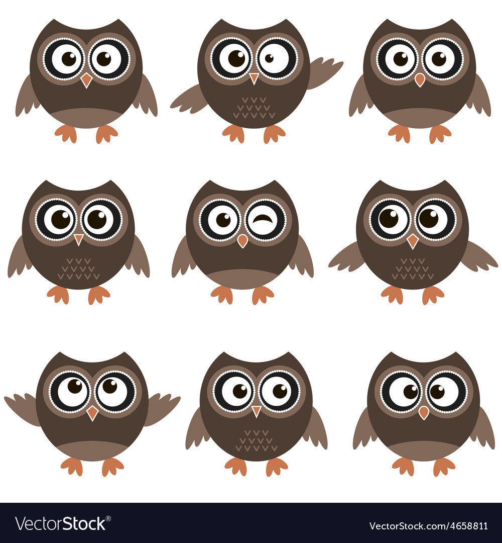 Cute owls with various emotions Royalty Free Vector Image