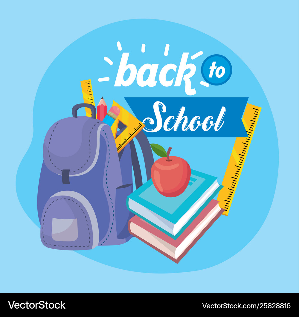 Backpack with books and apple fruit pencils Vector Image