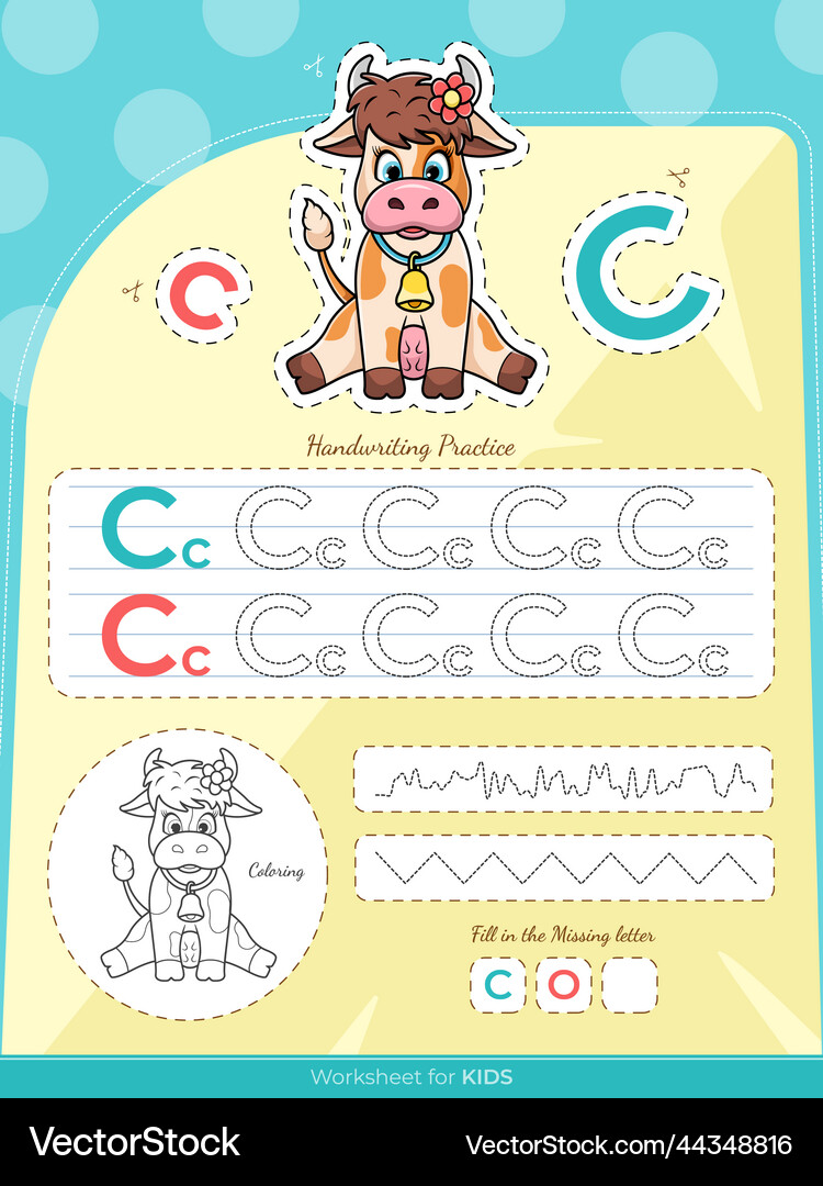 Education worksheet for kids with a cow Royalty Free Vector