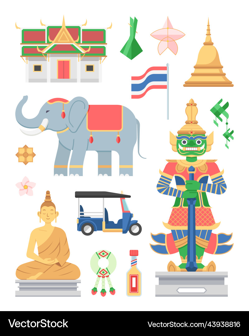 Flat style thailand elements set Royalty Free Vector Image