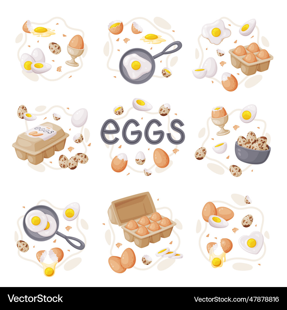 Fresh raw eggs and cooked boiled with yellow yolk Vector Image