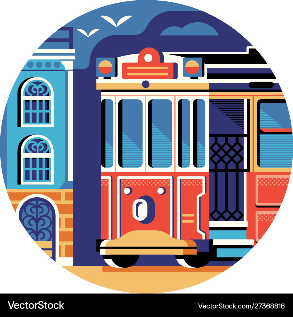 Historic red retro tram icon in flat Royalty Free Vector