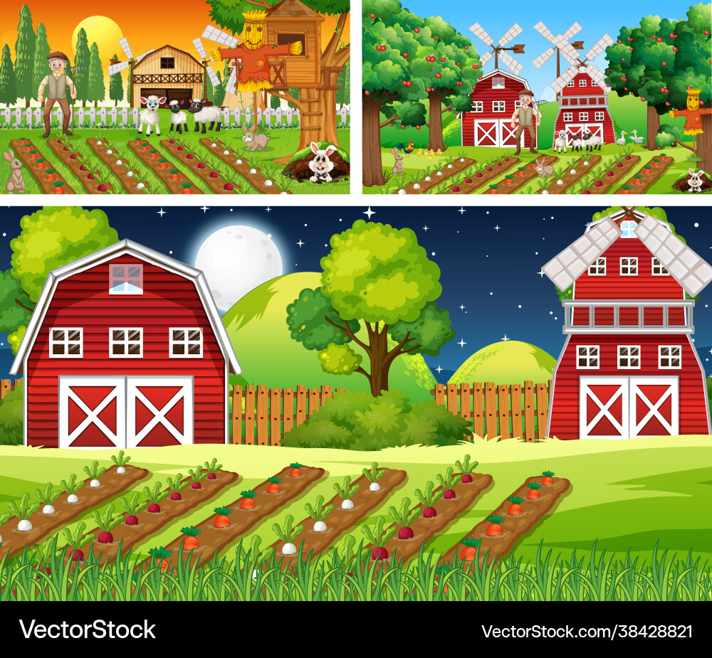 Different farm scenes with old farmer and animal Vector Image