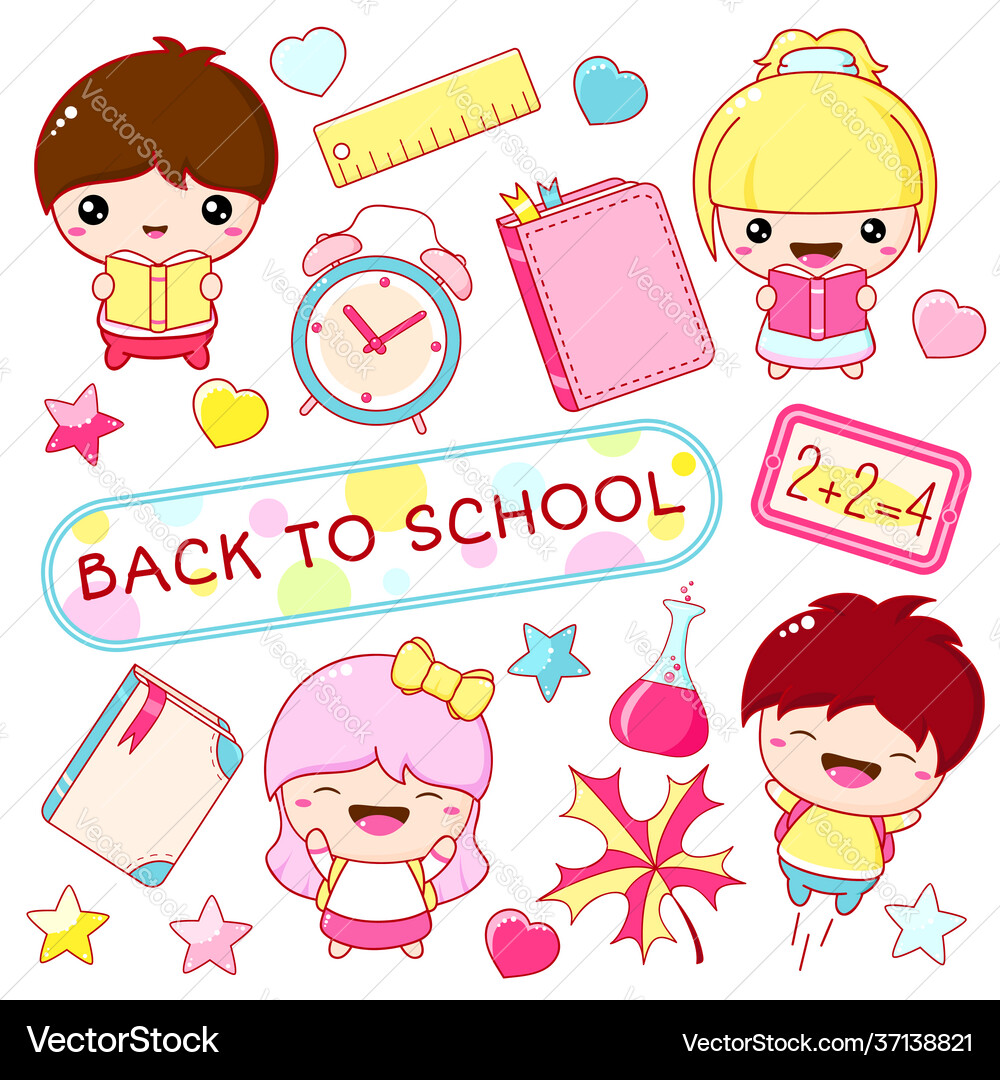 Set education icons in kawaii style Royalty Free Vector