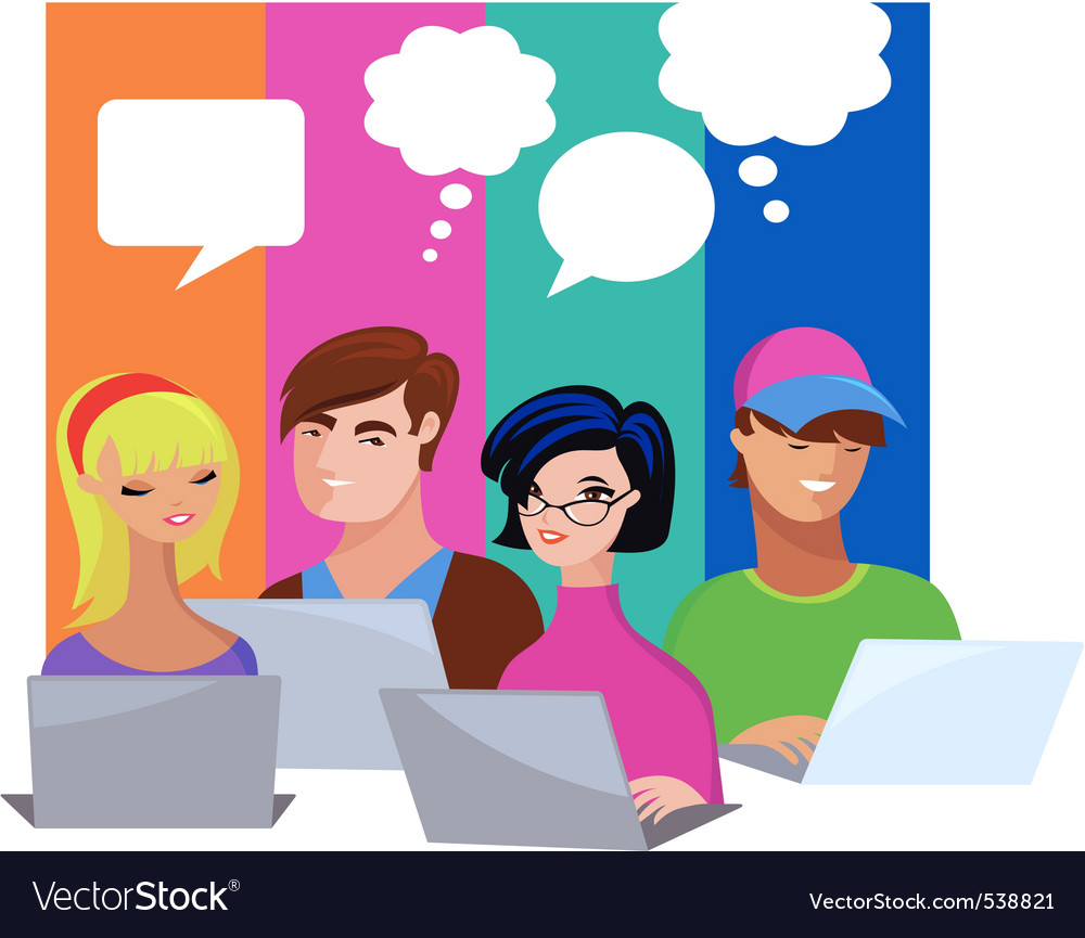 Young people with speech bubbles and computers Vector Image