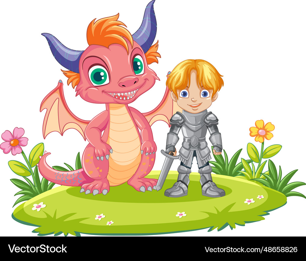 Cartoon knight boy with dragon Royalty Free Vector Image