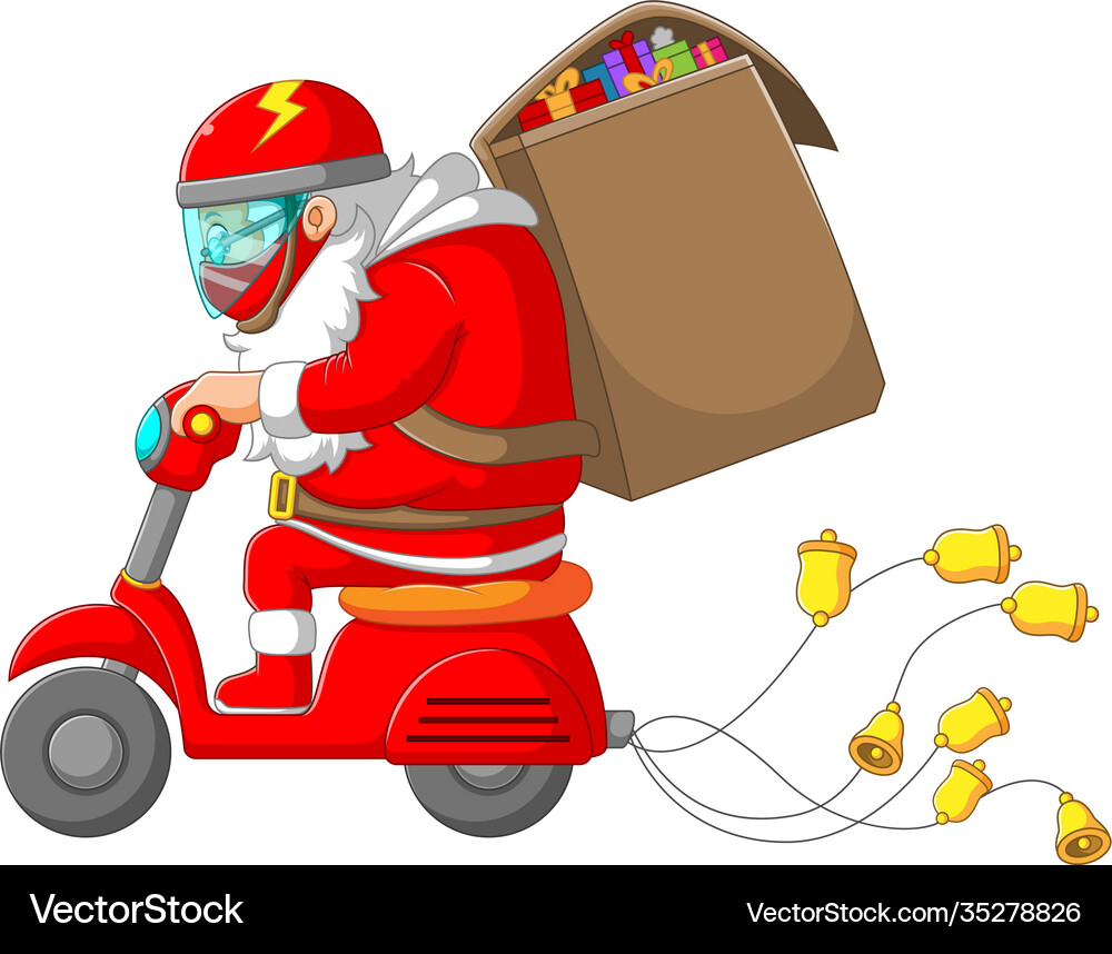 Santa clause riding his scooter and bringing Vector Image
