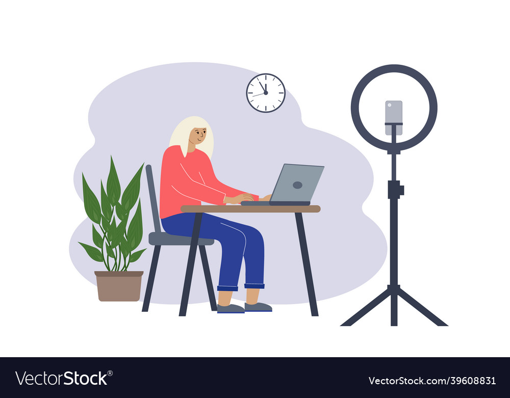A Female Blogger At The Table Royalty Free Vector Image 