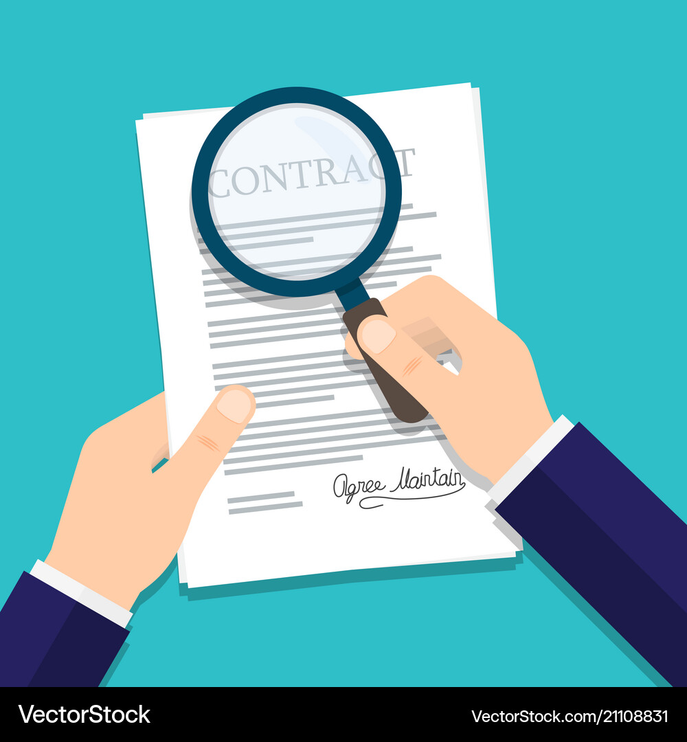Hand holding magnifying glass over a contract Vector Image