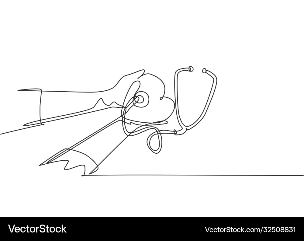 One single line drawing young doctor holding Vector Image