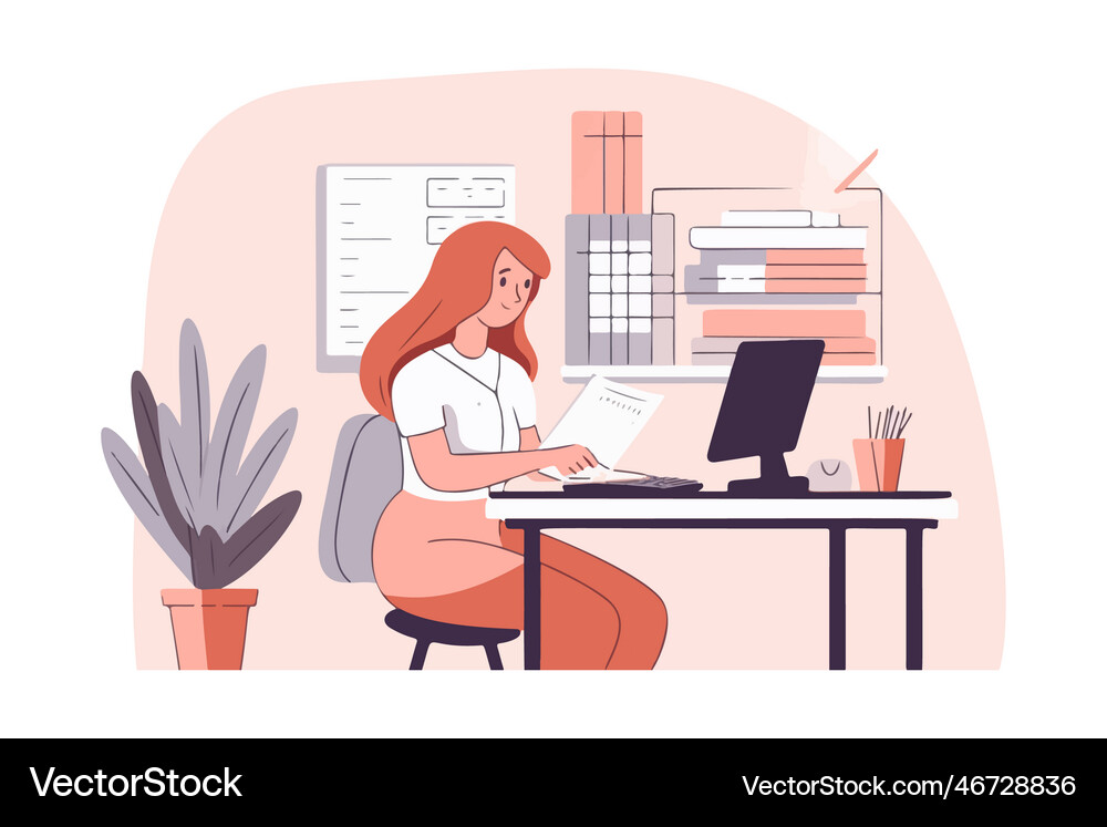 Content female accountant at office desk Vector Image
