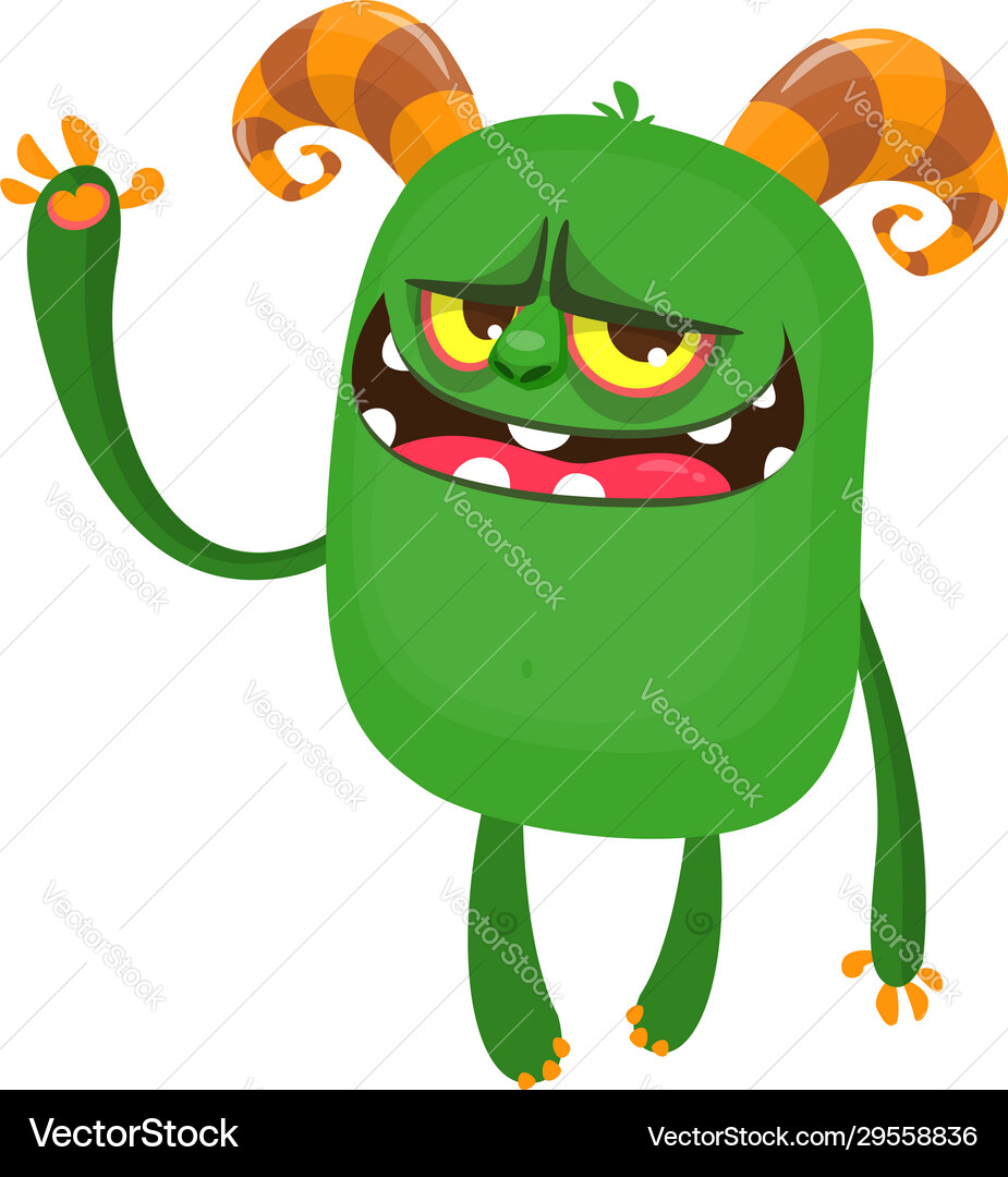Cute and grumpy cartoon monster waving green Vector Image