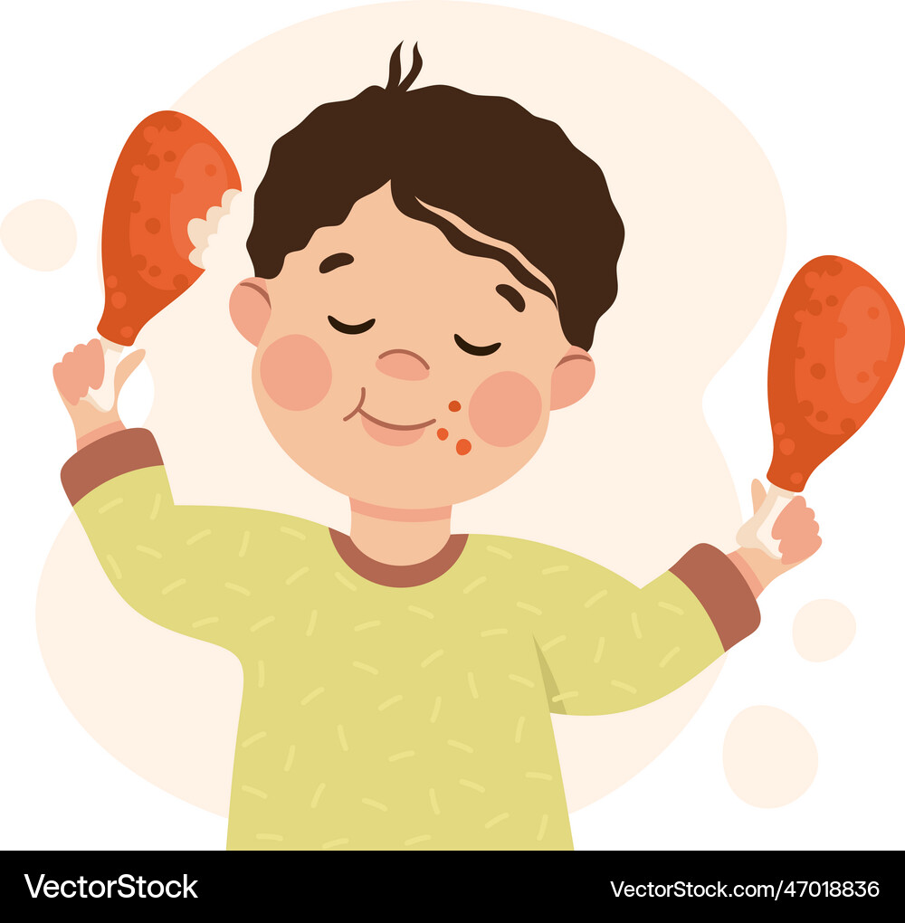 Cute little boy eating fried chicken drumsticks Vector Image