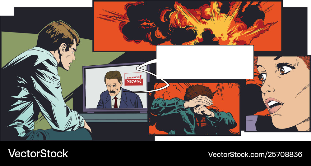 Explosion people in panic young man watching news Vector Image