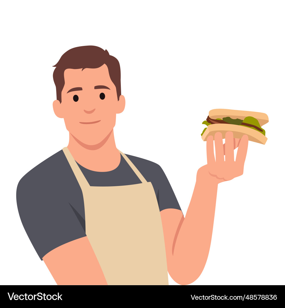 Young chef man holding a sandwich man making Vector Image