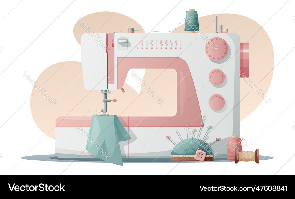 A sewing machine with threads and needle bed Vector Image