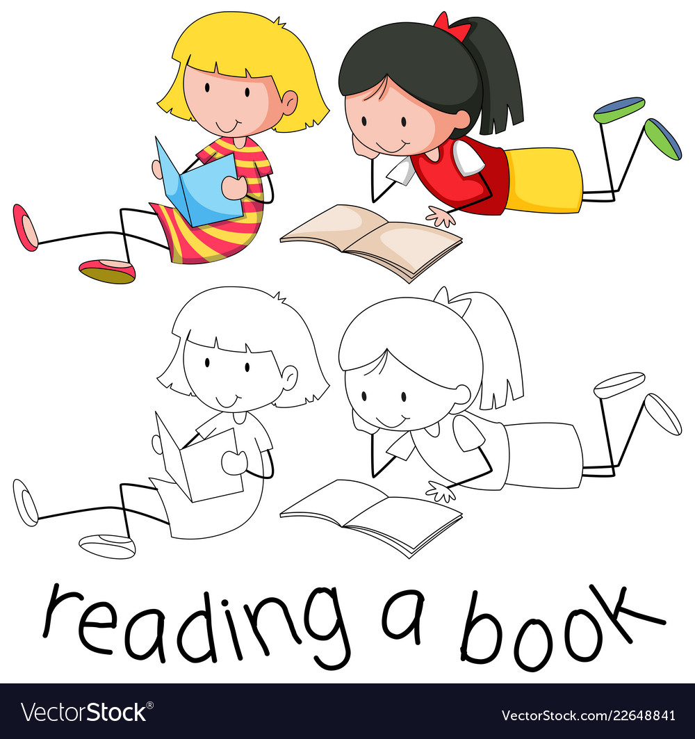 Doodle girls reading book Royalty Free Vector Image