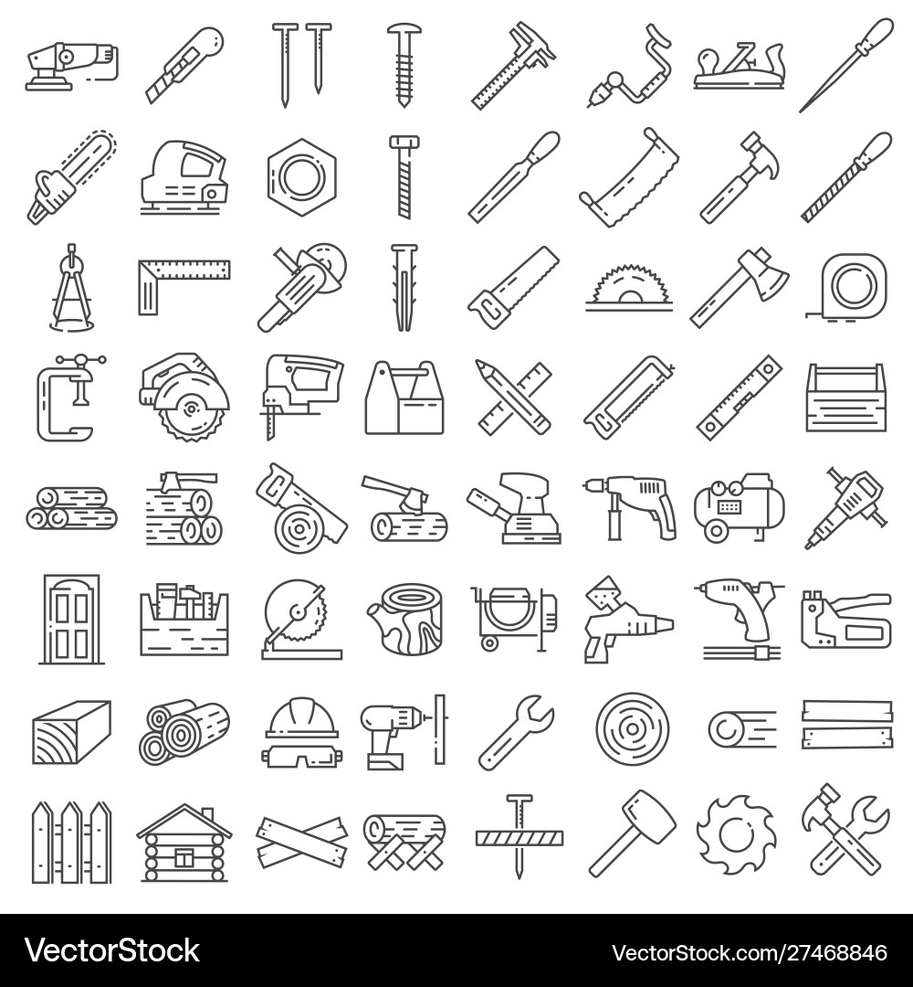 Carpentry industry equipment icons set Royalty Free Vector