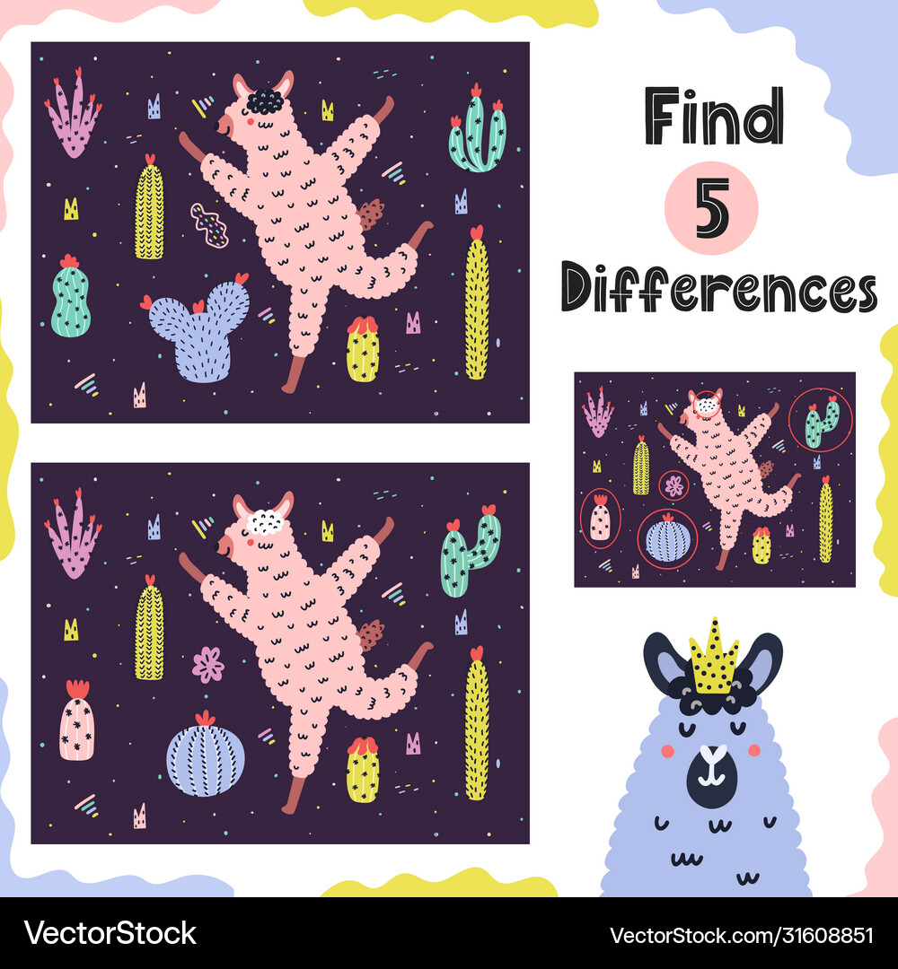 Find 5 differences game for kids with funny alpaca