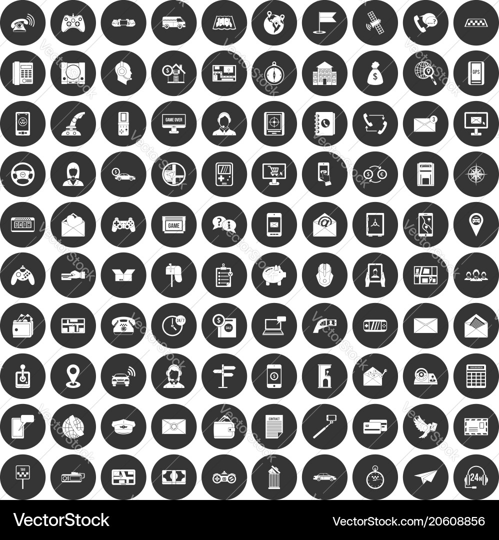 100 telephone icons set black circle Royalty Free Vector