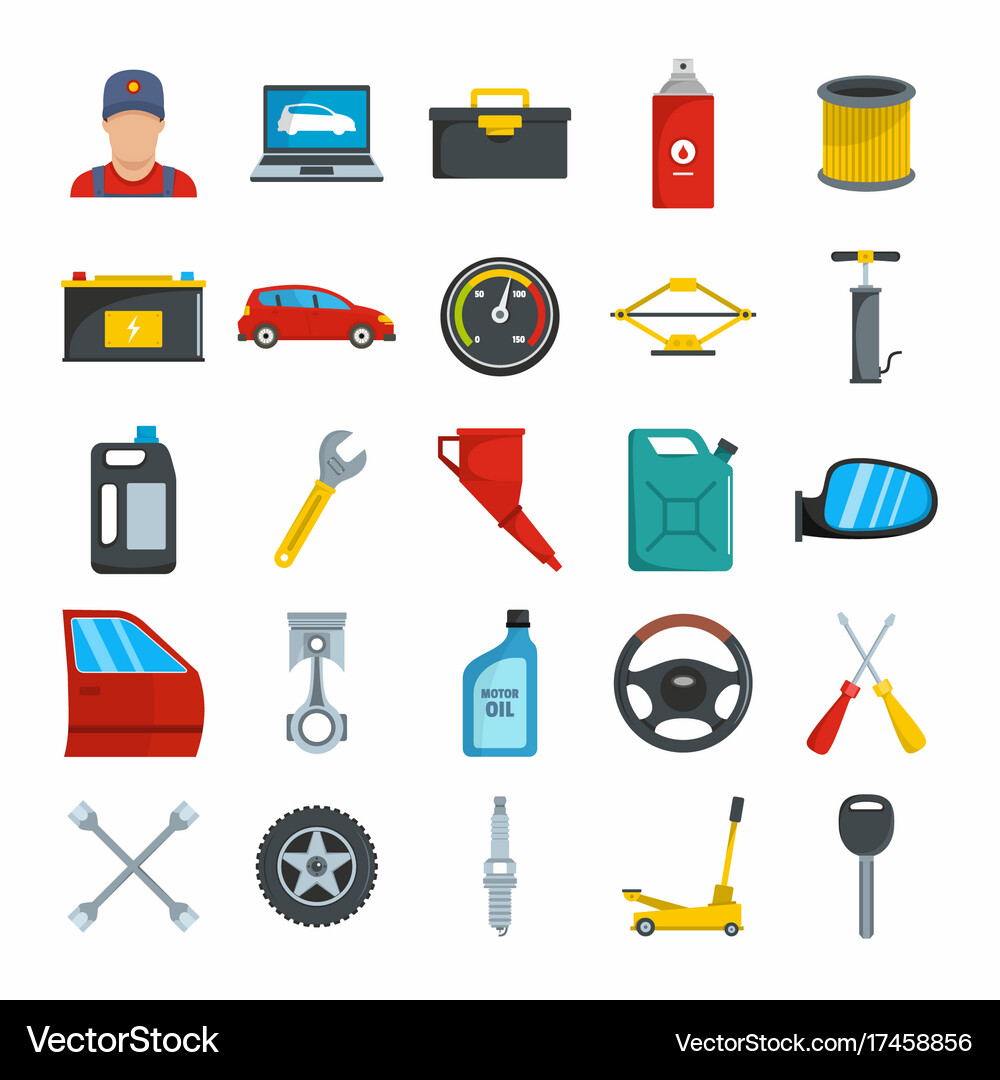 Auto service with tools and car flat icons set Vector Image