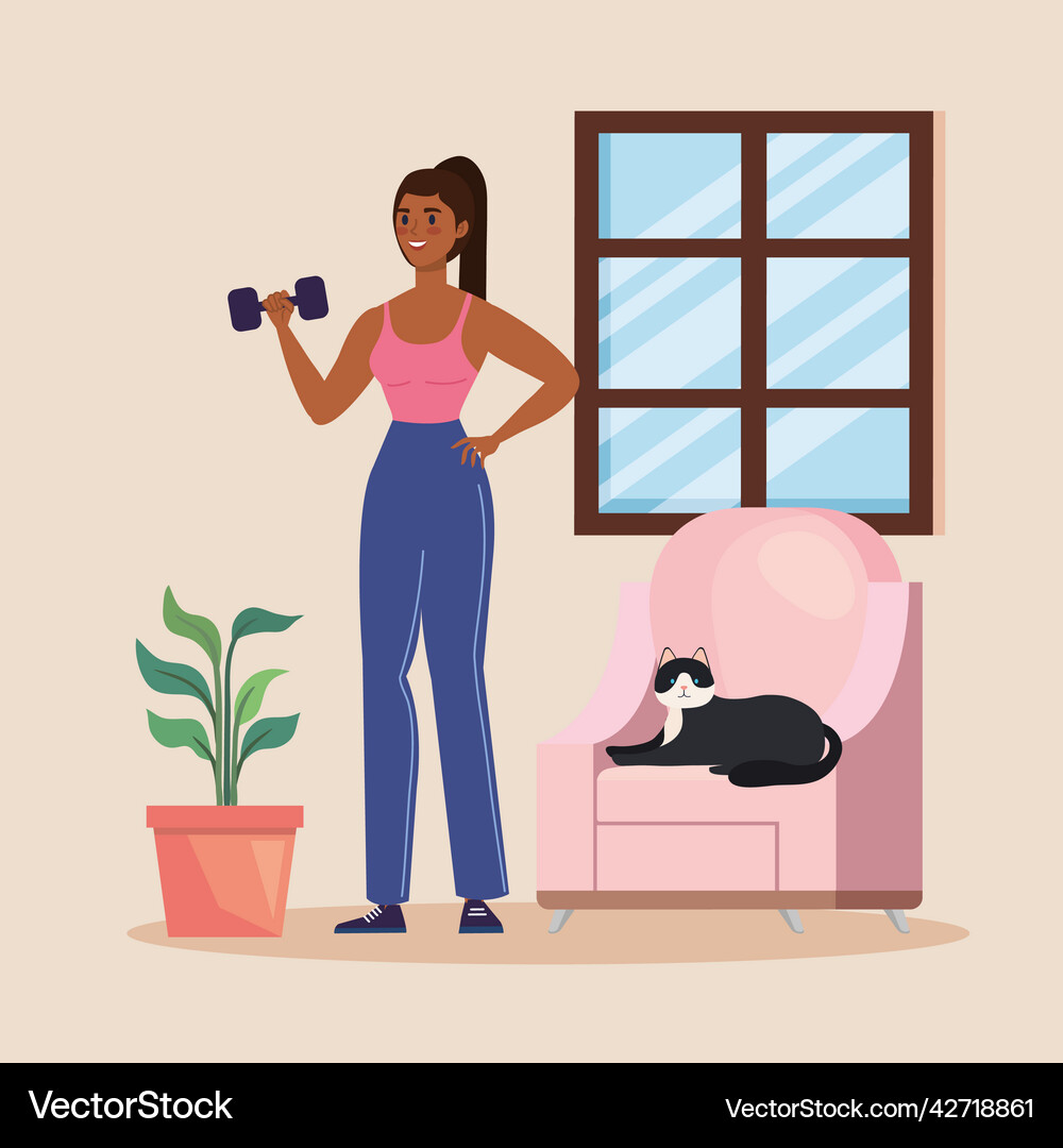 Woman lifting dumbbell with cat Royalty Free Vector Image