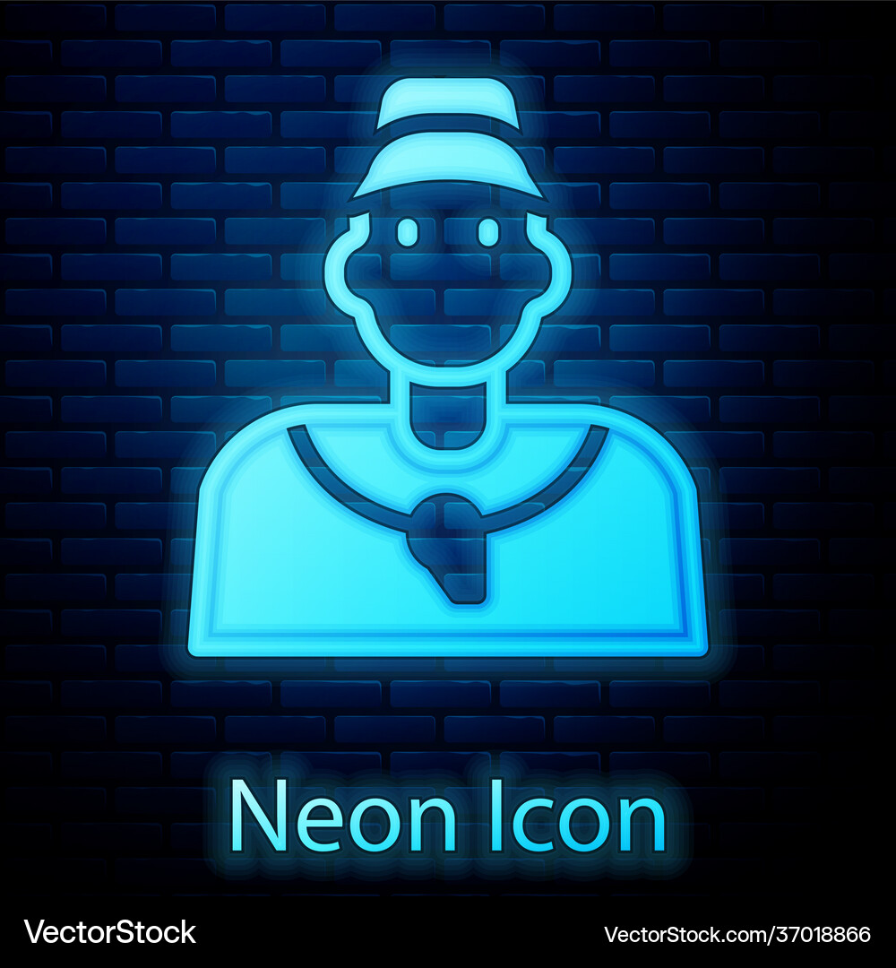Glowing neon baseball coach icon isolated on brick