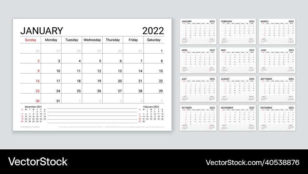 Calendar 2022 year planner template monthly grid Vector Image